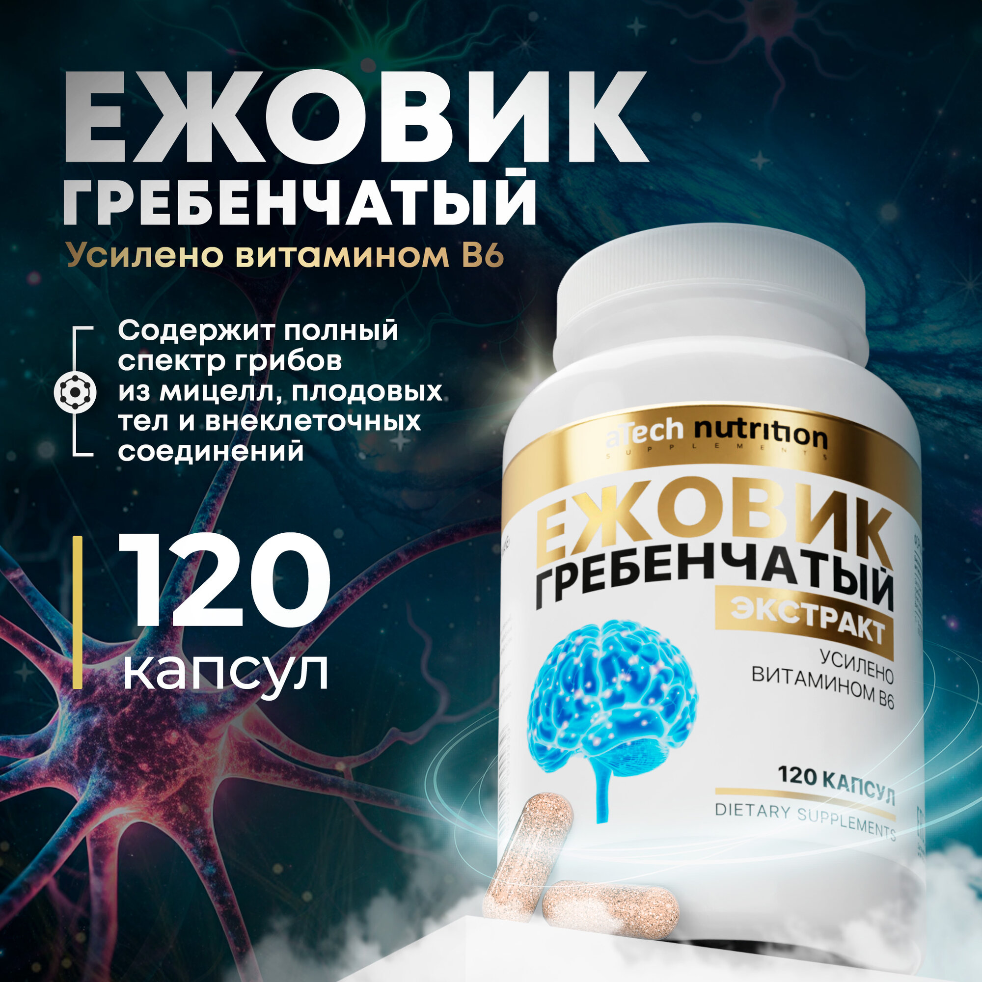 Добавка к пище Ежовик Гребенчатый aTech Nutrition, с витамином В6, 120 капс