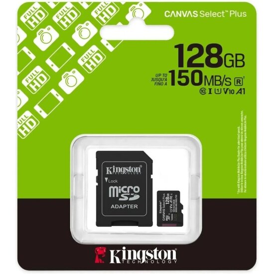 Карта памяти Kingston microSDXC 128Gb Canvas Select Plus Gen3 UHS-I U1 A1 + ADP 150 Mb/s