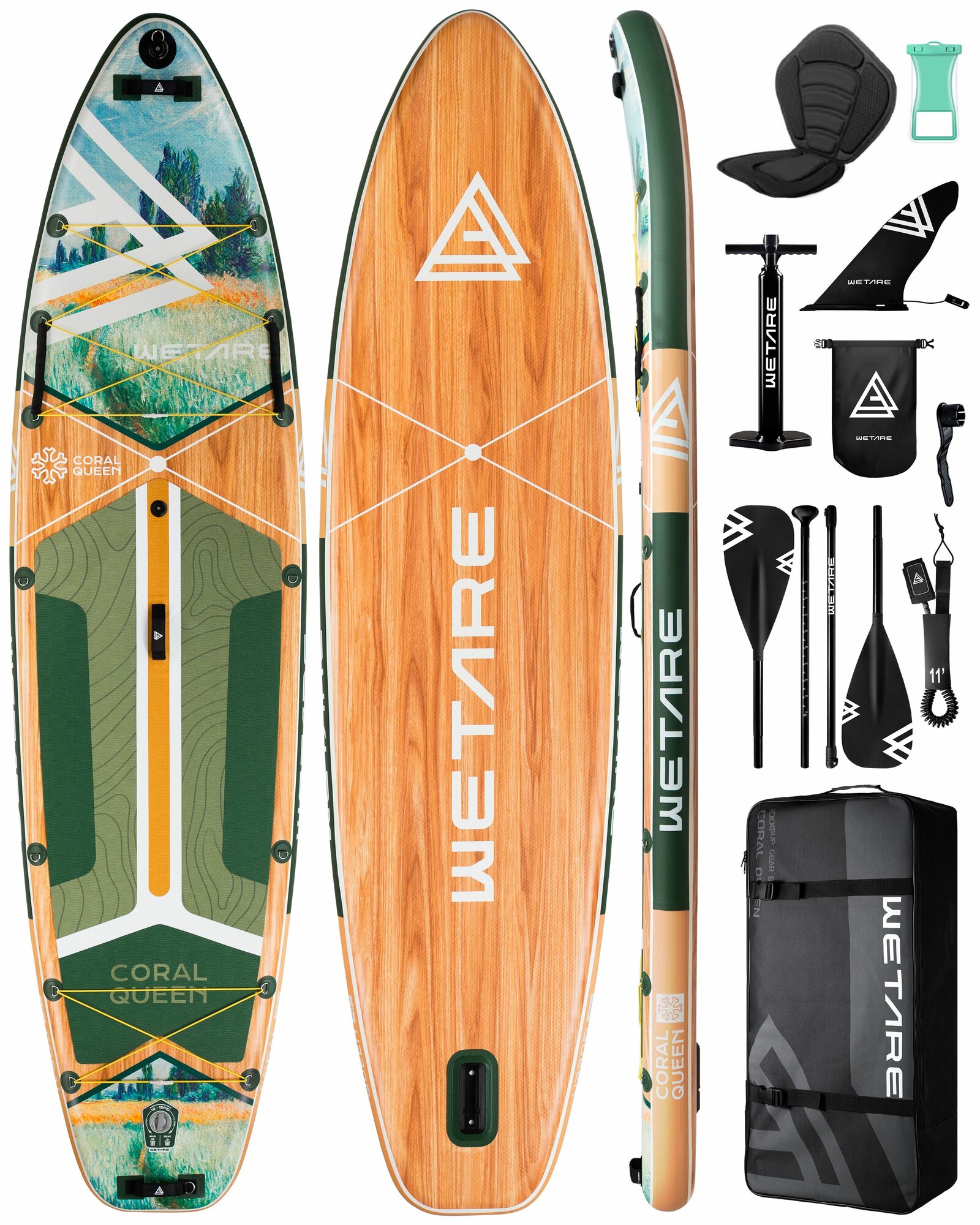 SUP-доска надувная WETARE Coral Queen GREEN PRO 11'6", 351х89х15 см, двухслойный надувной сапборд с сиденьем