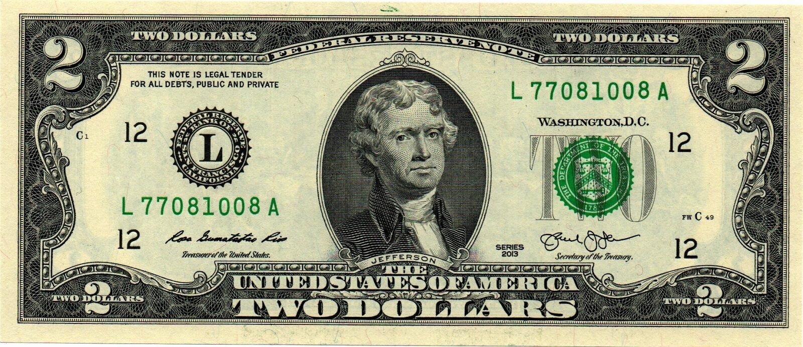 2 доллара 2013 год США 77 08 1008