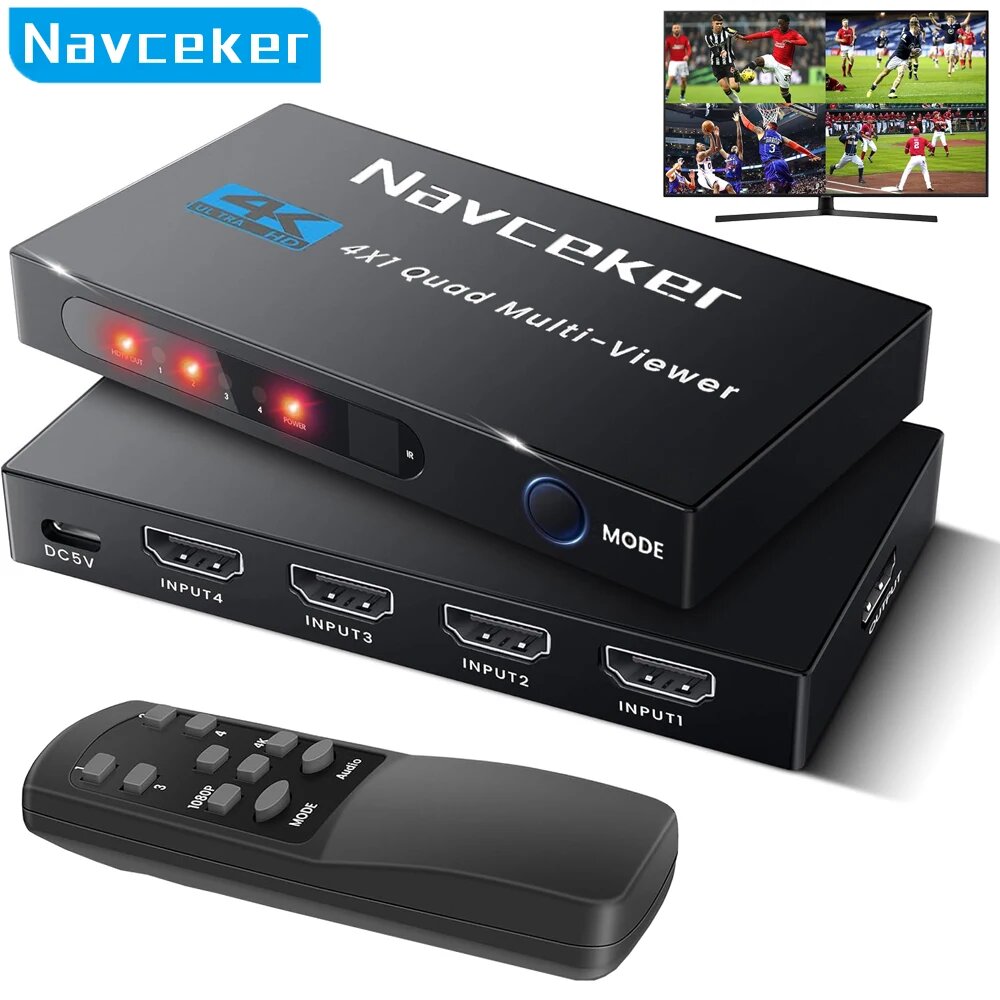 Мультиэкран 4K HDMI с четырьмя экранами 4x1 1080P 4 в 1, бесшовный переключатель HDMI Multi Viewer, 9 режимов отображения для камеры, ноутбука, ПК, ТВ