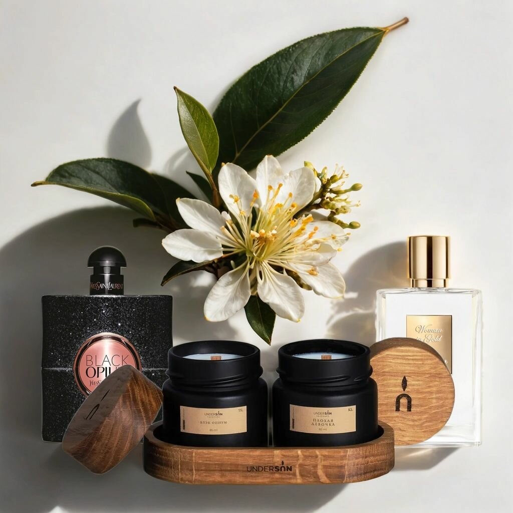 Набор из двух ароматических свечей с подставкой из дуба - Блэк опиум и Плохая девочка / аромасвечи для дома / подарок женщине