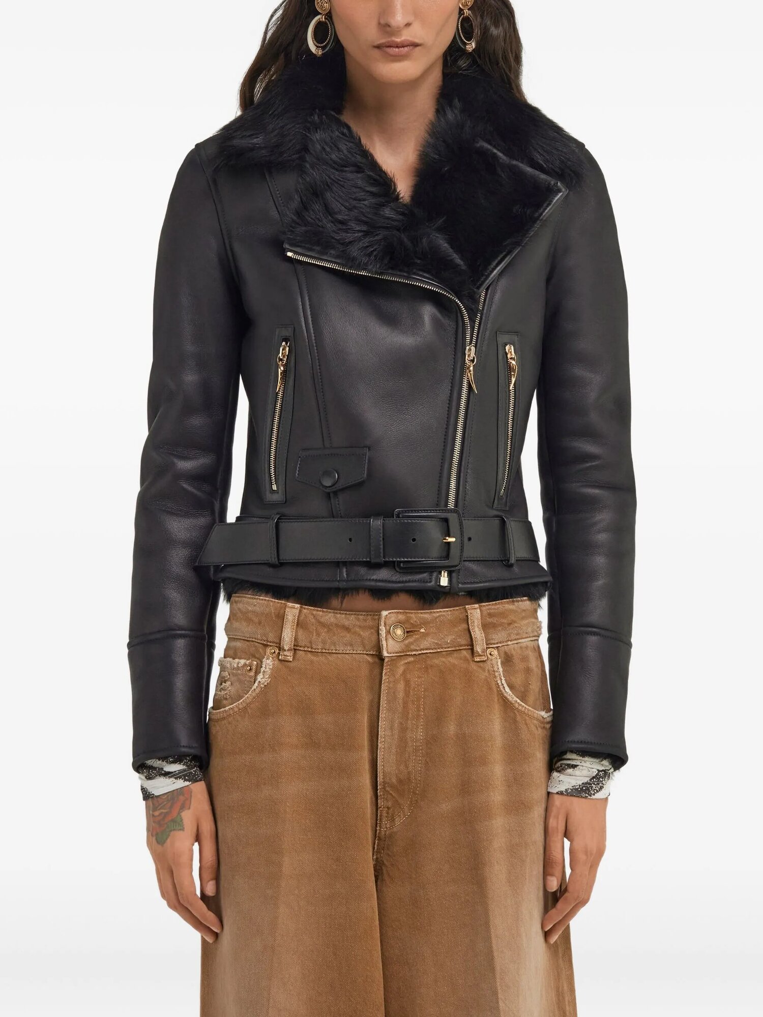 Куртка Roberto Cavalli Shearling leather jacket, размер 48, black/black — фото 1