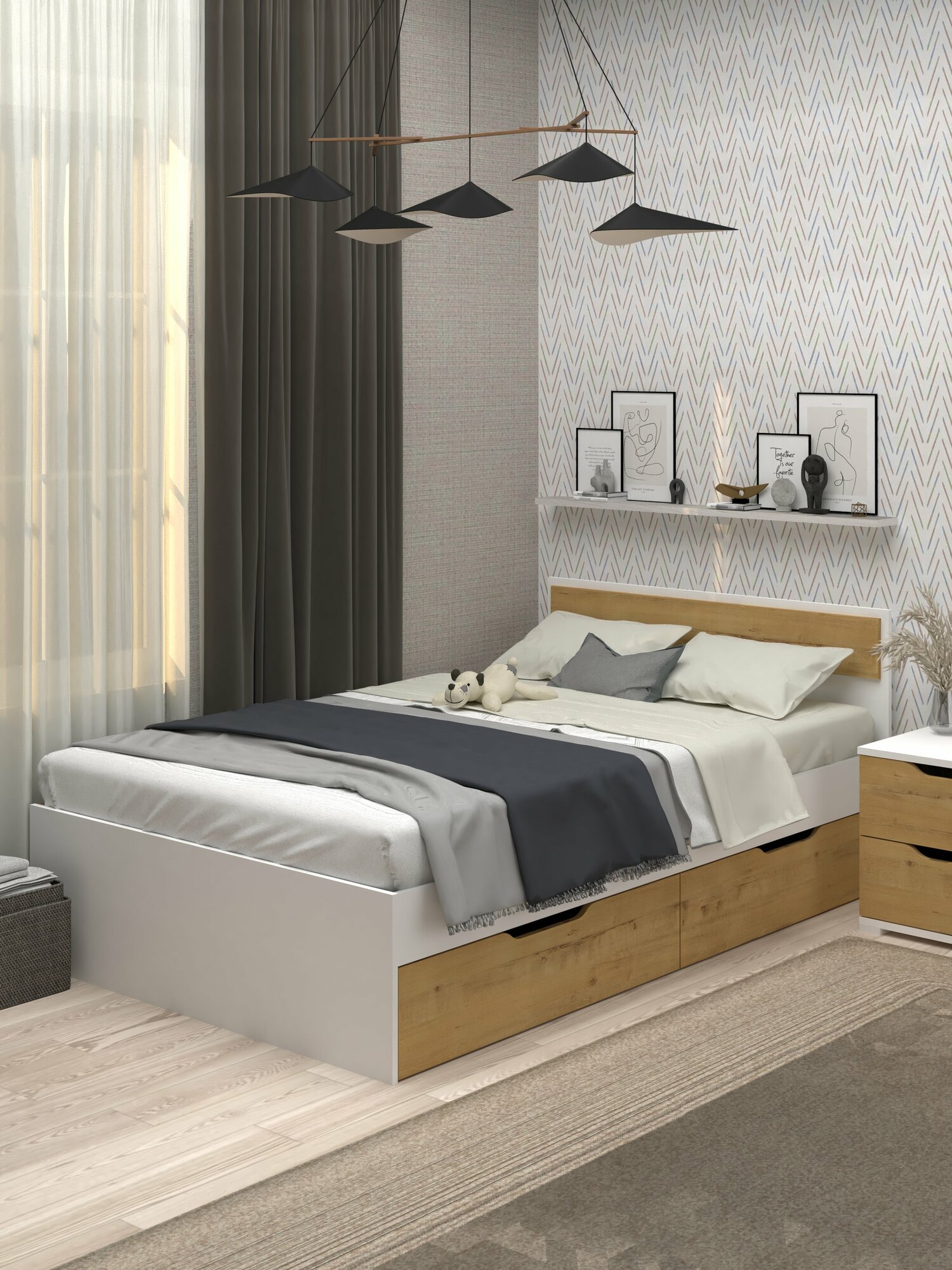 Есэндвич Монако Кровать 120х200 полутораспальная, 200х78х123 см (Белый/Дуб бунратти), с ящиками