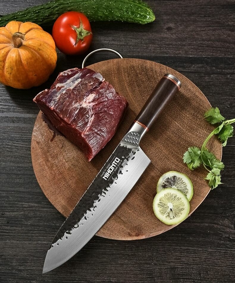 Нож кухонный NIHONTO Gyuto, сталь AUS-8, двусторонняя симметричная заточка, длина лезвия 21 см