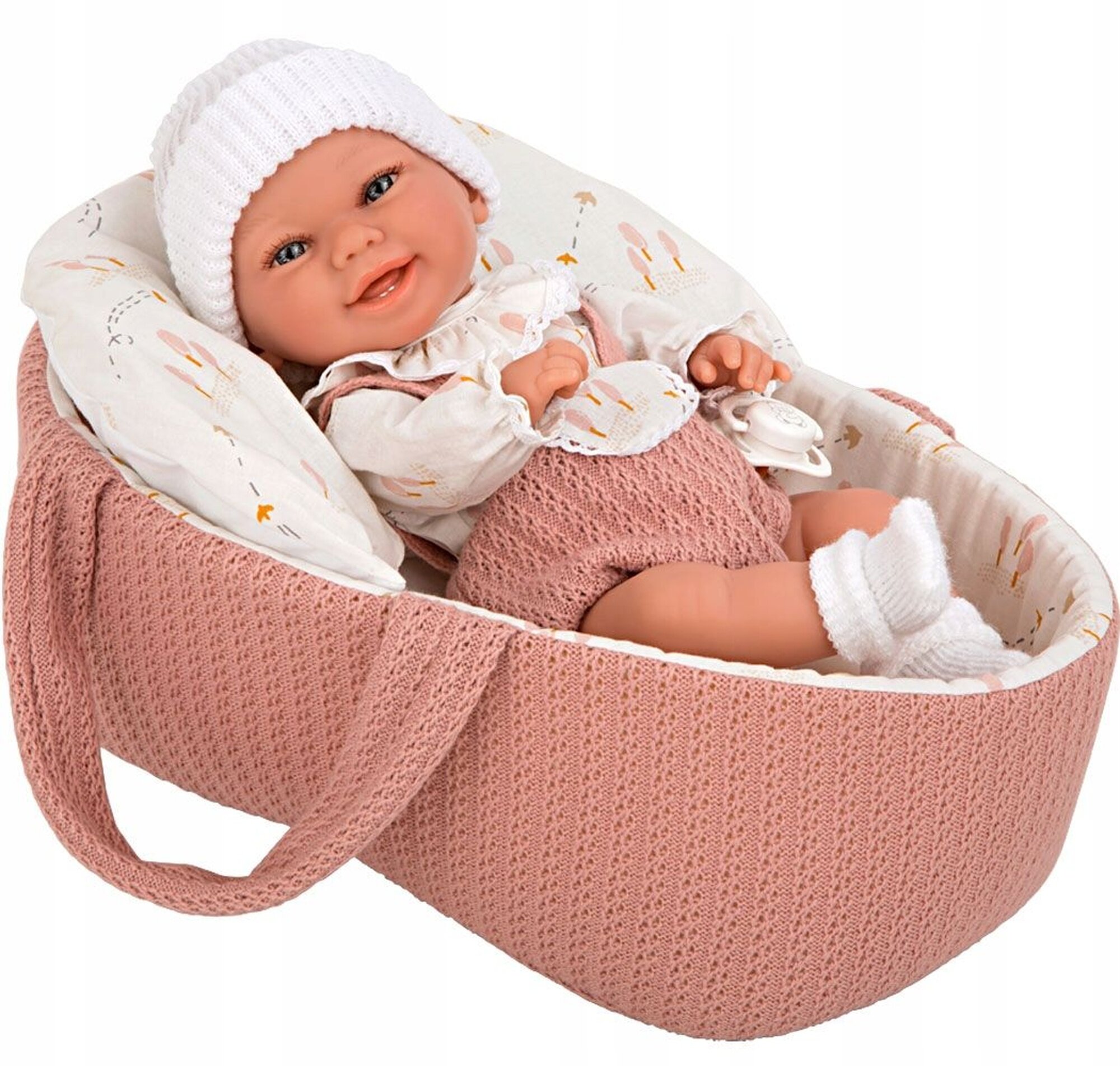 Испанская кукла Munecas Arias - Кукла девочка в комбинезоне и шапочке + переноска для младенца - 50729