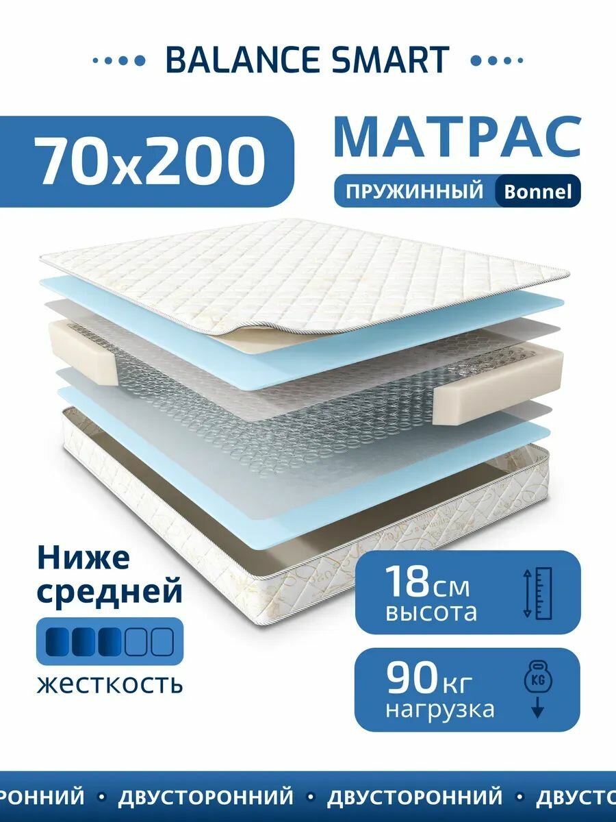 Матрас ортопедический пружинный 70x200 см BALANCE SMART, Зависимые пружины, высота 18 см, 1 шт, белый