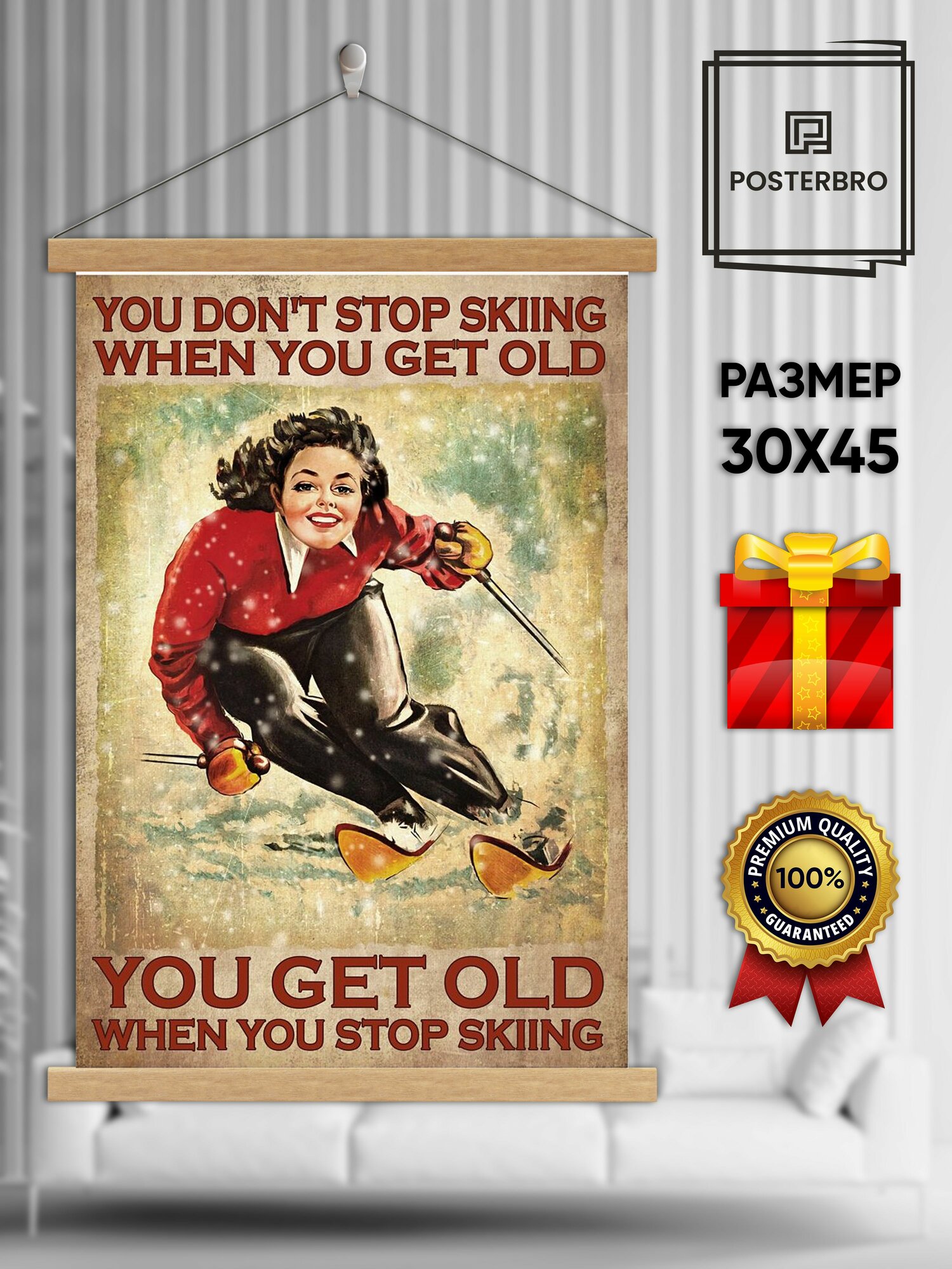 Постер интерьерный с магнитным подвесом Горнолыжный, 30*45 винтажная картина