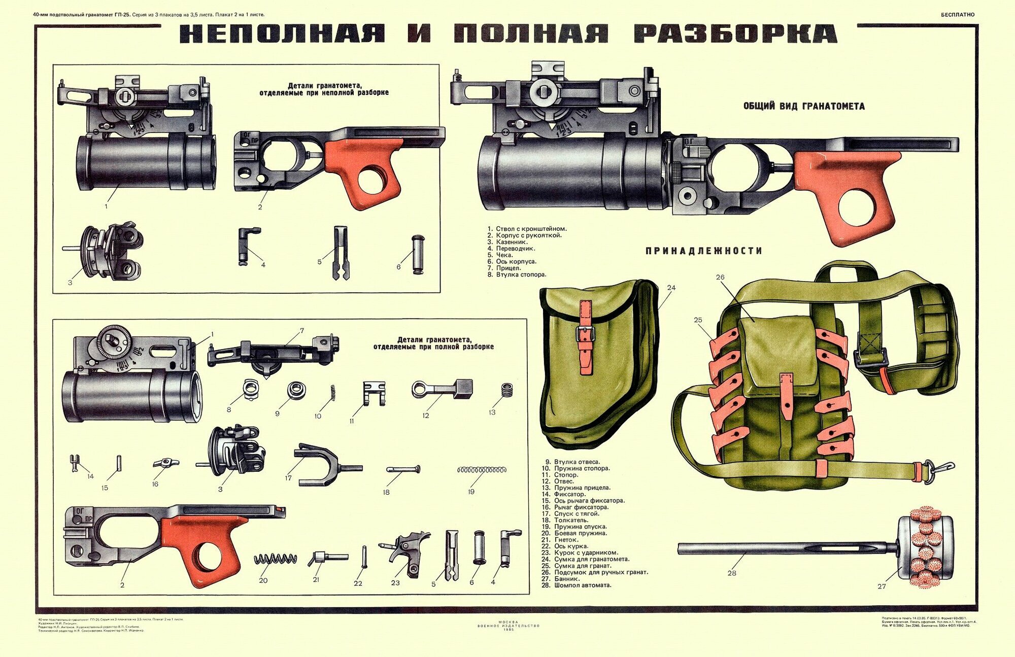 Подствольный гранатомёт ГП-25, 40 мм. - не полная и полная разборка. Плакат СССР А2_055.