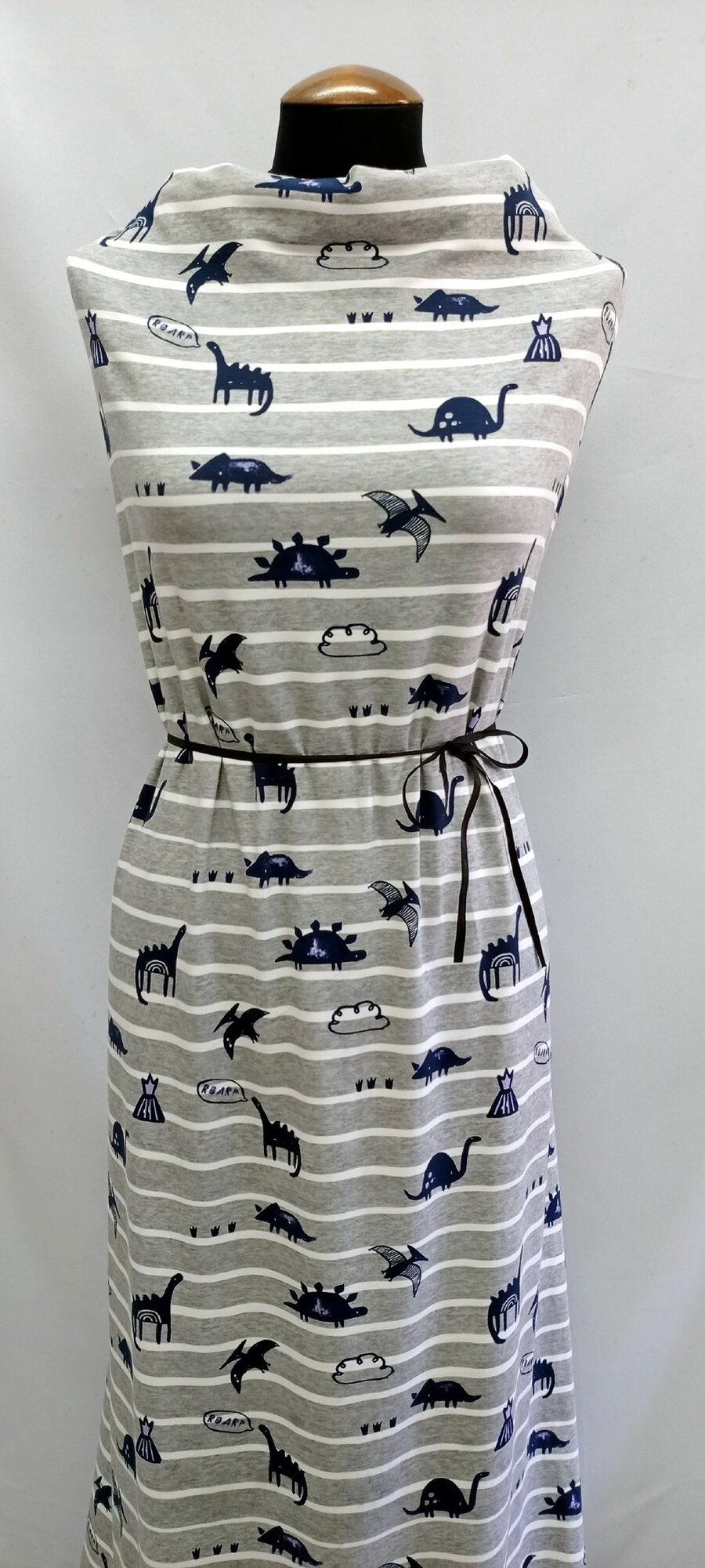 Трикотаж кулирка с лайкрой "Дино на серых полосках", ткань для шитья, 60 см, ширина 180 см