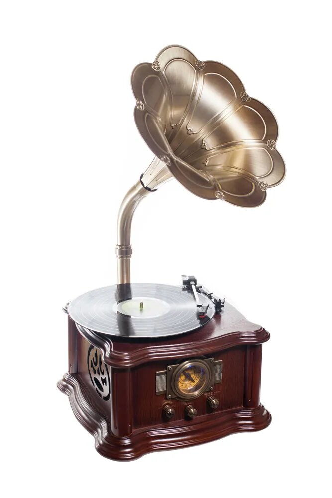 Виниловый проигрыватель с металлической трубой Audio-Retro RP-156, радиоприёмник FM, USB и SD разъёмы, Bluetooth / Проигрыватель виниловых пластинок ретро / Музыкальный центр / Граммофон