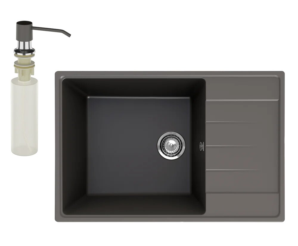 Мойка кухонная Ulgran Quartz Prima 760 кварцевая, 76x50, прямоугольная, с крылом, черная, матовая