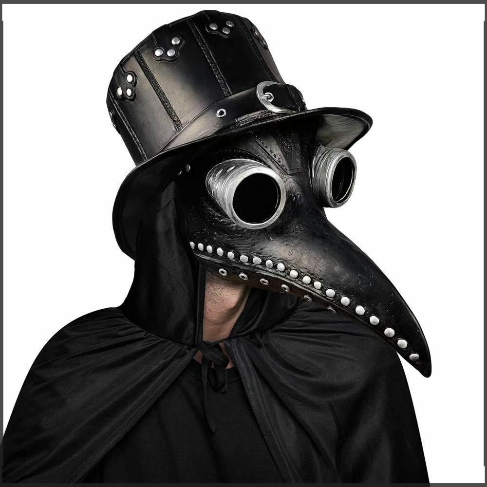 Маска Чумного Доктора (черная с серебряными заклепками) на Хэллоуин, маскарад, праздник, вечеринку, косплей, кожа.