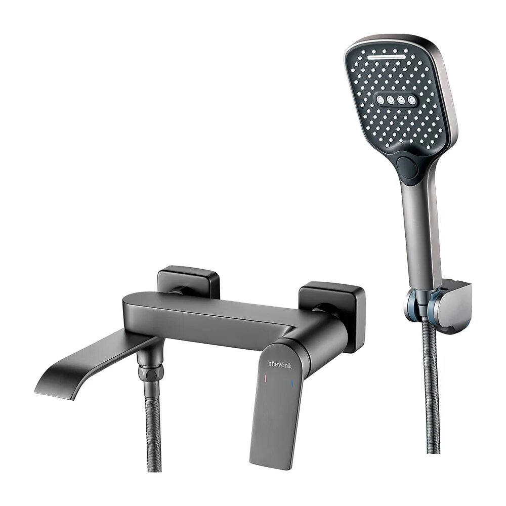Смеситель для ванны с душем Shevanik S4102T с душевым гарнитуром, настенный, однорычажный, каскадный, с поворотным изливом, матовый, латунный, с керамическим картриджем