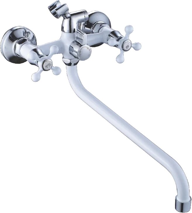 Смеситель с длинным изливом для ванны Cron CN08 CN2208-8 с душевым гарнитуром, поворотный, металлический, хром, белый, глянцевый, матовый, смеситель для ванны с душем, вентильный