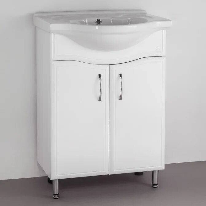 Тумба с раковиной Style Line Эко Волна №9 60 напольная, 60, 5 см, белая, глянцевая, из МДФ, с дверками, раковина для ванной, фарфоровая, прямоугольная