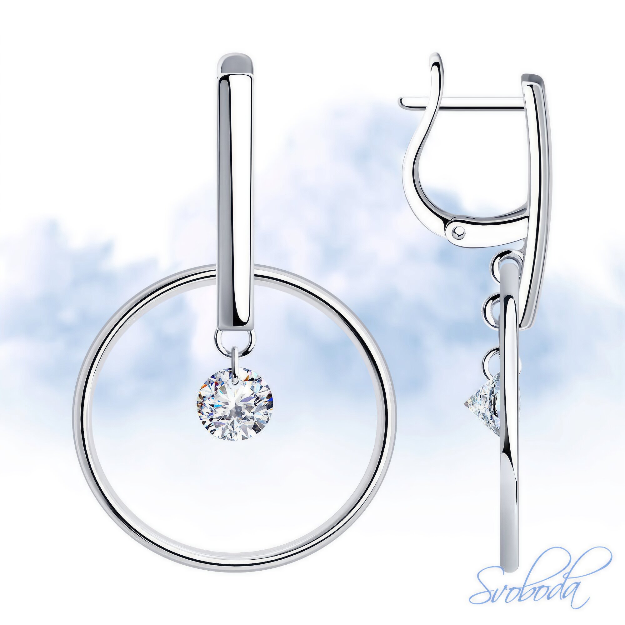 Серьги, серебро, 925 проба, родирование, фианит