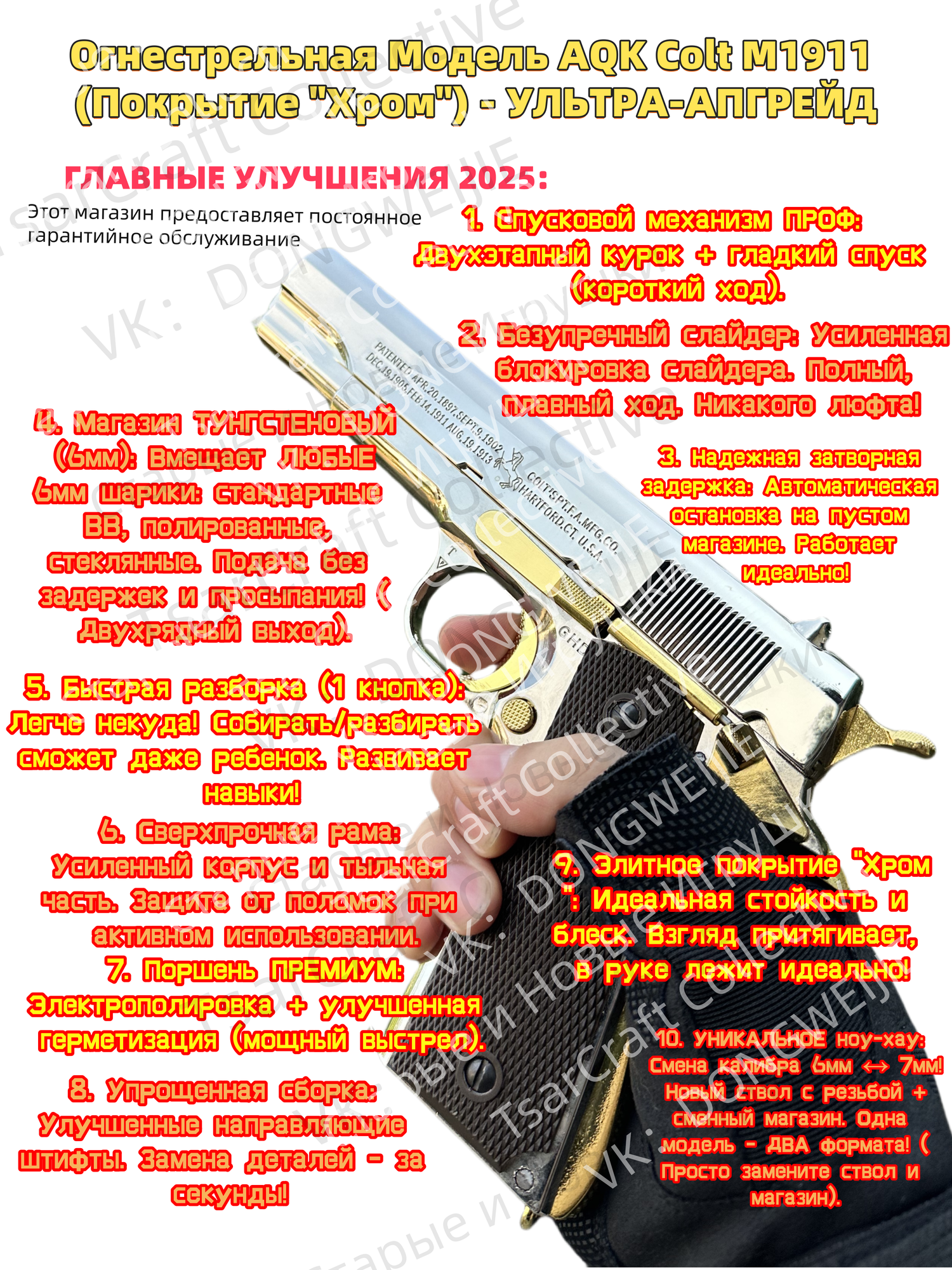 Игрушечный пистолет Кольт M1911 AQK "Вольфрам", с полным ходом затвора, 6 мм BB шарики