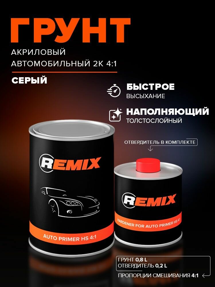 Грунтовка для автомобиля акриловая 2K HS 4:1 серая 0,8 л + 0,2 л отвердитель, грунт акриловый REMIX HS AUTO PRIMER