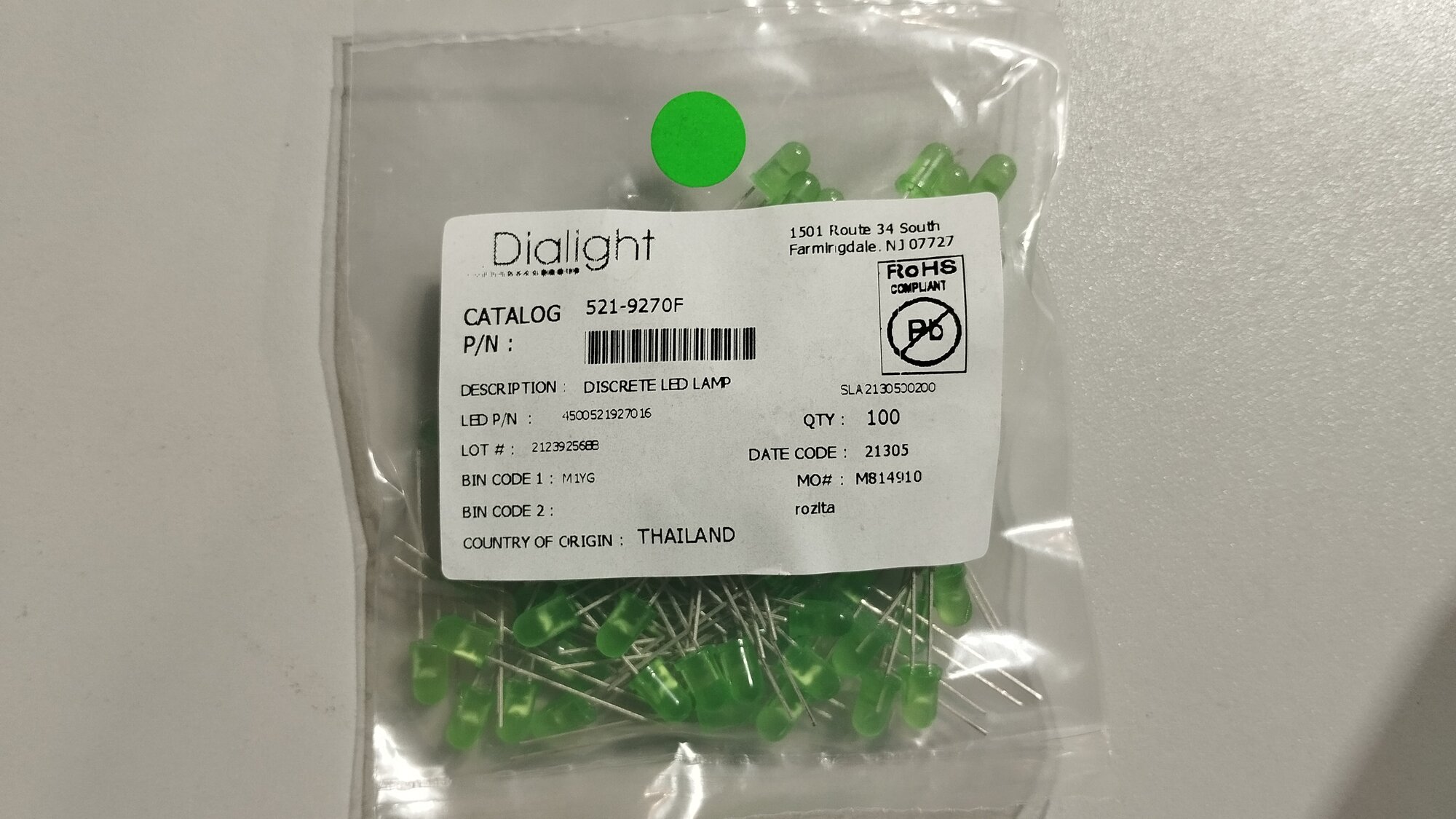 Светодиод Dialight 521-9270F, одноцветный, дискретный, зеленый, 1 уп. (100шт)