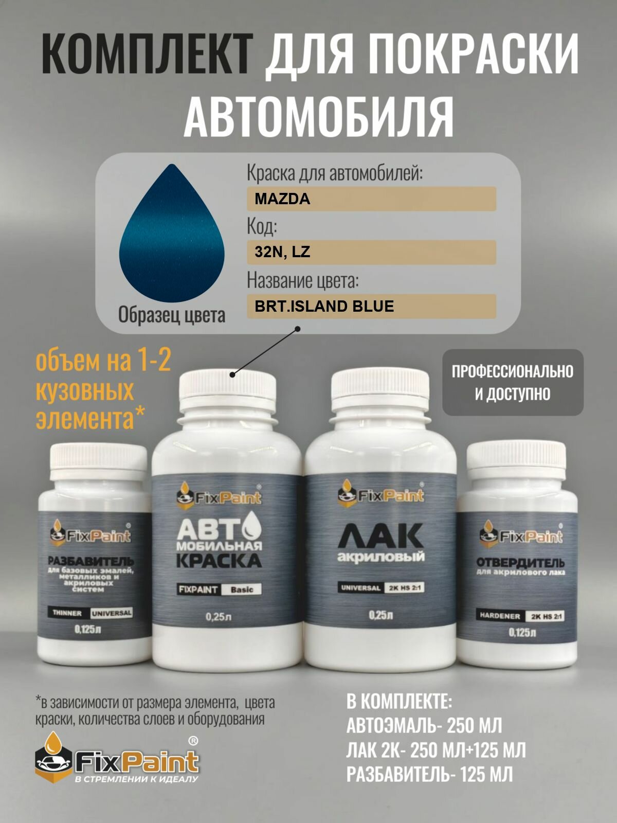 Комплект для покраски MAZDA, код 32N, LZ, BRT ISLAND BLUE, базовая автомобильная эмаль 250 мл, лак 2K 250 мл с отвердителем, разбавитель 125 мл, FixPaint Pro