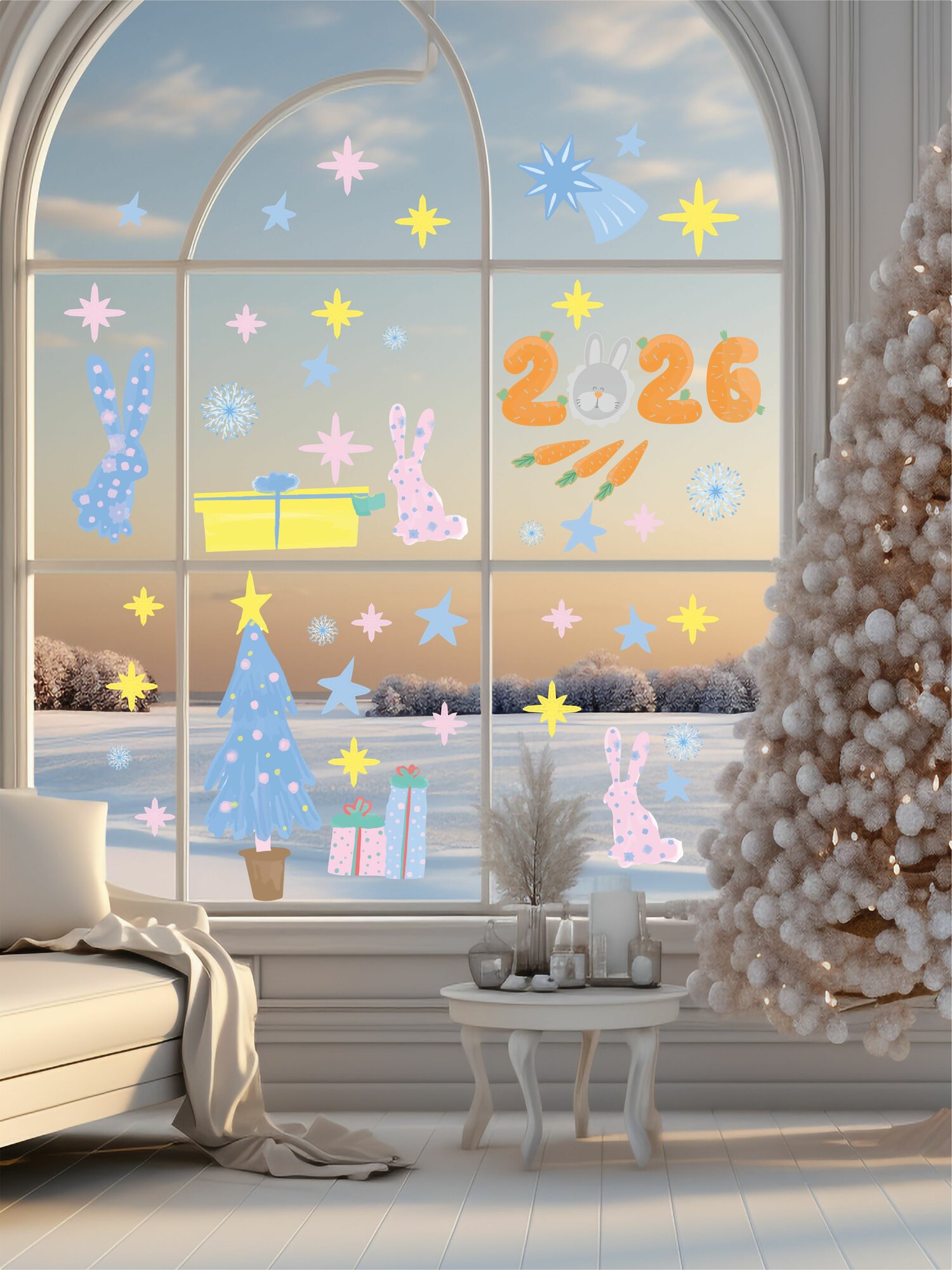 Наклейки интерьерные новогодний декор 2026 Звезды 60х120 см на окна стену двери мебель