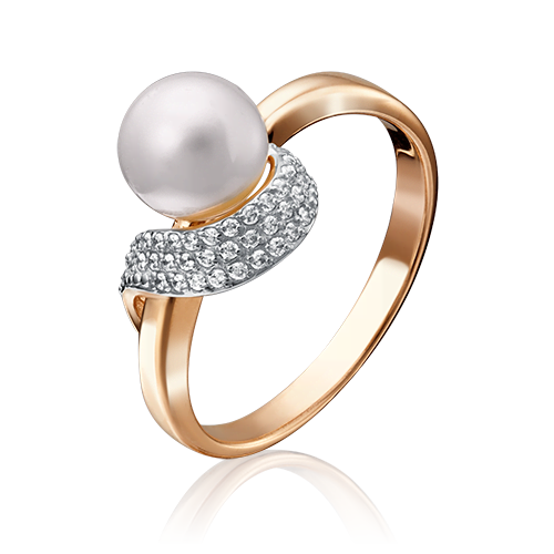 Кольцо, красное золото, 585 проба, фианит, жемчуг