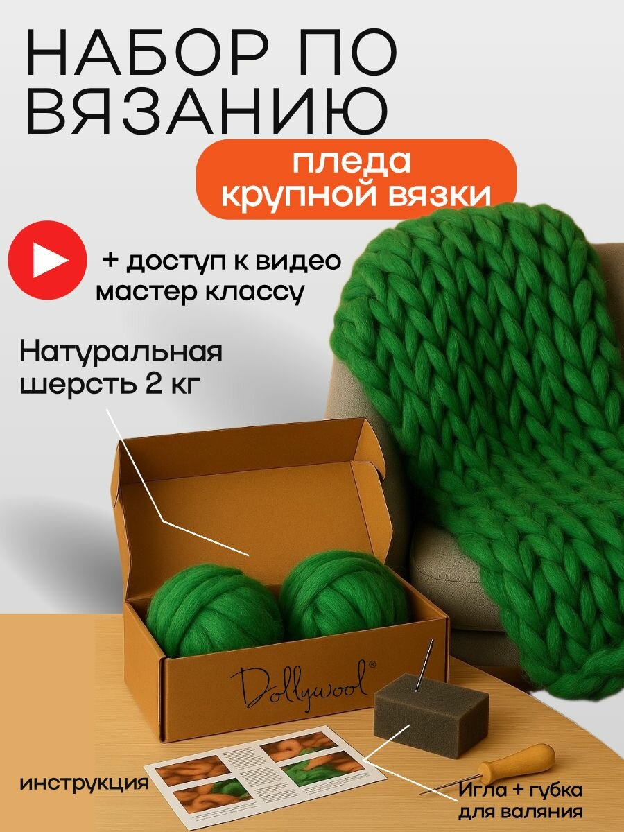 Подарочный набор для вязания пледа крупной вязкой толстая пряжа, инструкция, уют своими руками