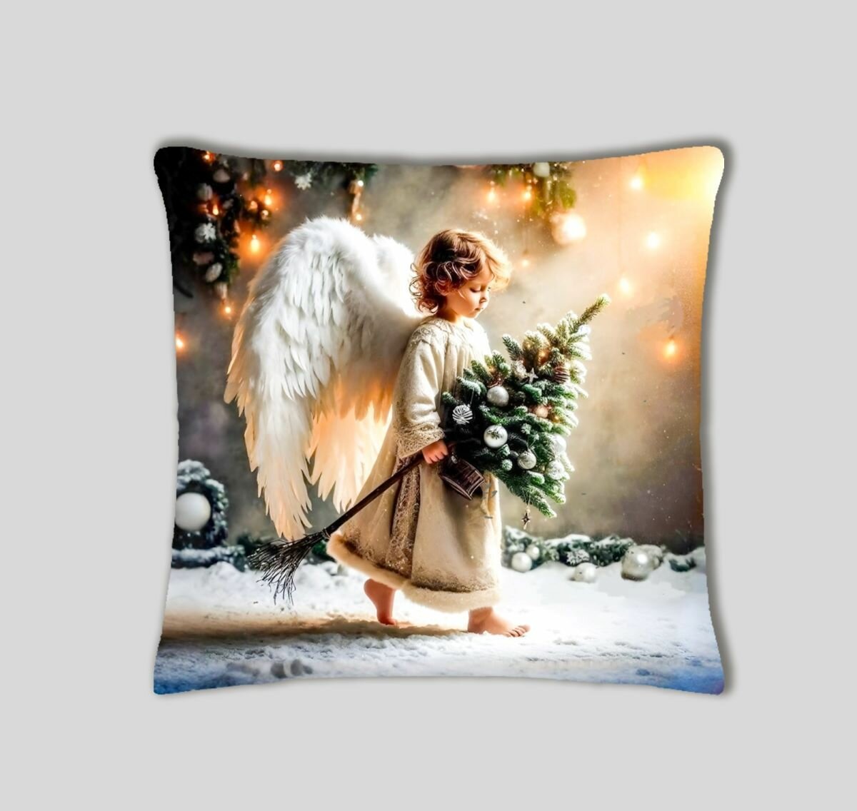 Подушка декоративная Ангел и рождественская елочка 40х40 велюр