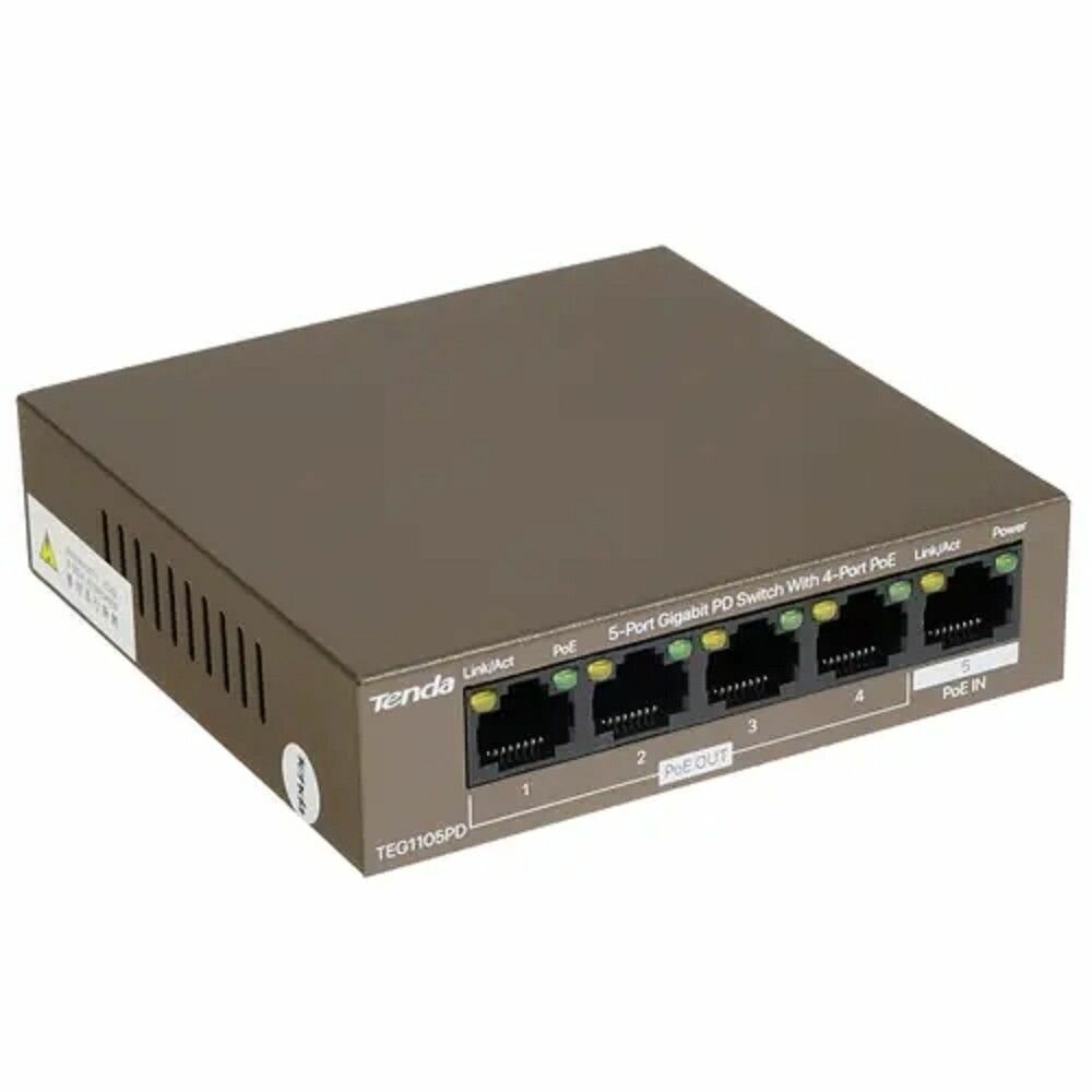 Tenda Сетевое оборудование TEG1105PD Коммутатор настольный 5 - Ports 10 100 1000 Base - T 4 - Ports PoE PoE бюджет 30W