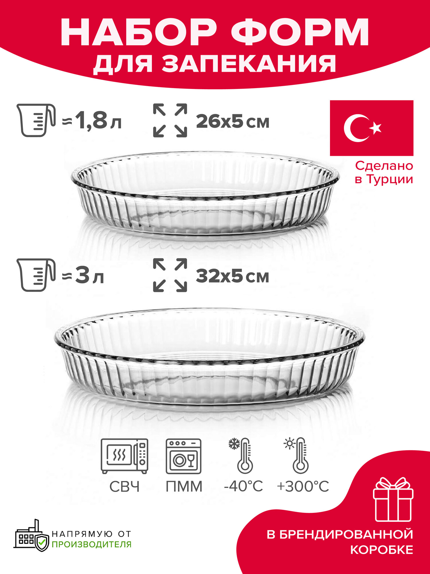 Форма для запекания круглая, набор 2 шт: 2,6 л + 1,6 л, BORCAM, стеклянная