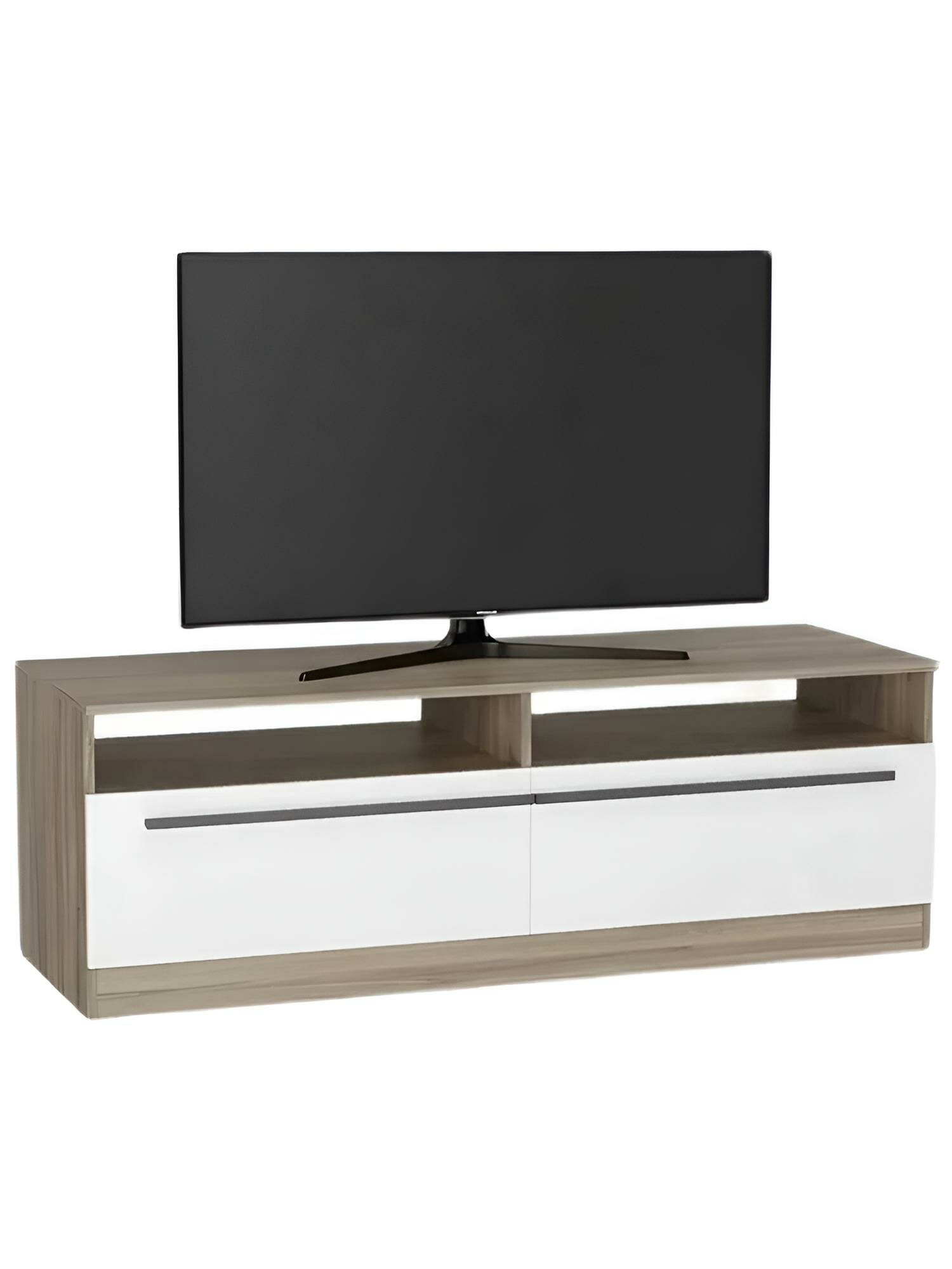 Тумба под телевизор напольная Аравия-Кристал, 140х53х47.8 см, 2 ящика, 2 полки, Вяз дымчатый/Белый