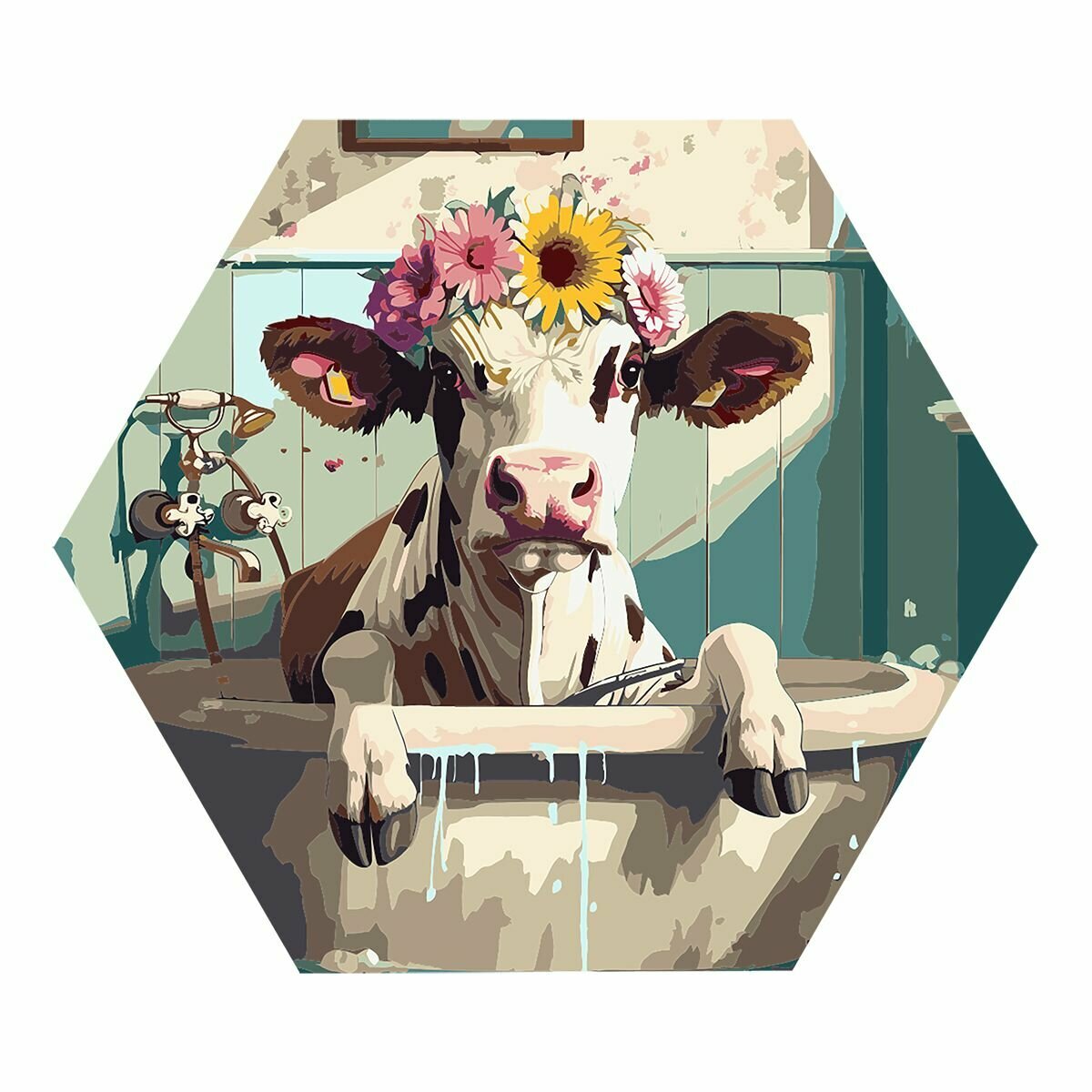 Картина по номерам на фигурном холсте Три Совы "Корова с цветами в ванной", форма многоугольник, с а (FCF30_00012)