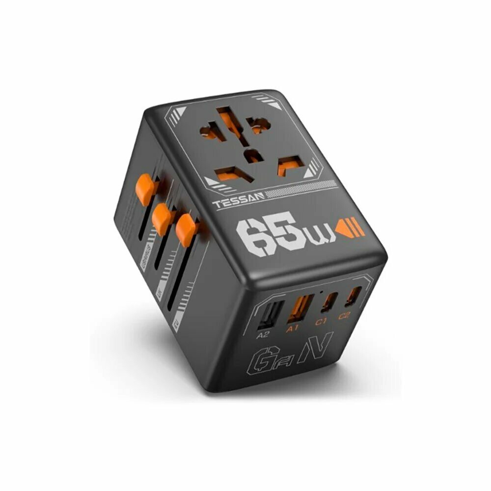 Сетевой фильтр Tessan TS-WTA03, с переключаемым разъемом розеток + 4 usb порта, черный
