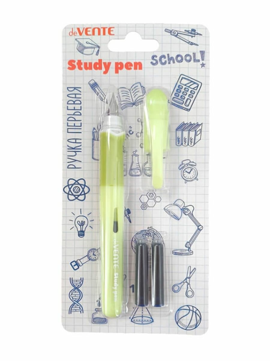 Ручка перьевая deVente "School. StydyPenr", перо тонкое F, 0,8мл, в комплекте с 3-мя баллончиками, цвет чернил синий, цвет корпуса салатовый