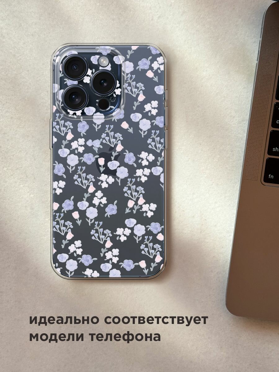 Чехол на Apple iPhone 15 Pro / Айфон 15 Про с принтом "Сиреневые розы паттерн", прозрачный — фото 1