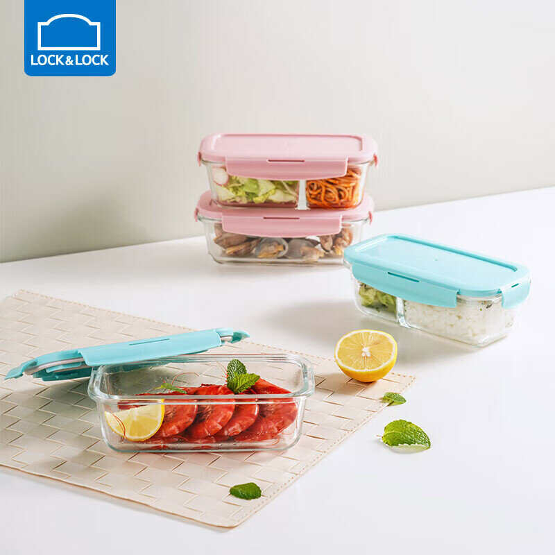 LOCK&LOCK Glass Food Storage Container Set, Cold and Heat Resistant Refrigerator Bento Box, Microwaveable Lunch Box, Blue 2-Piece Set