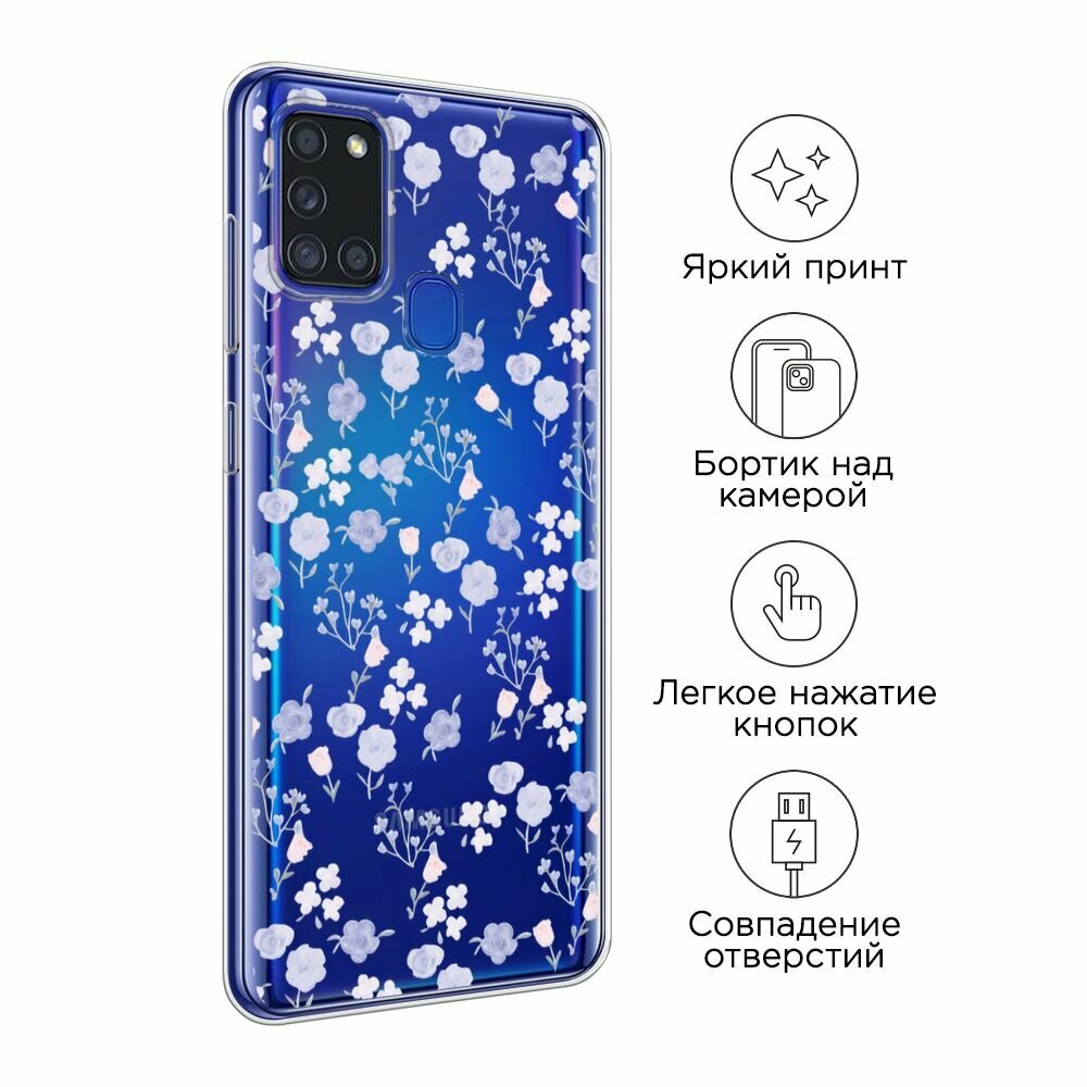 Чехол на Samsung Galaxy A21s / Самсунг Галакси A21s с принтом "Сиреневые розы паттерн", прозрачный — фото 1