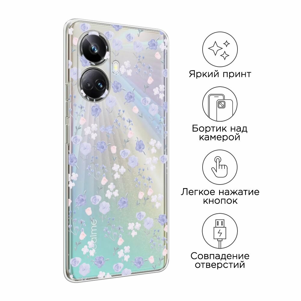Чехол на Realme 10 Pro+ / Реалми 10 Про+ с принтом "Сиреневые розы паттерн", прозрачный — фото 1