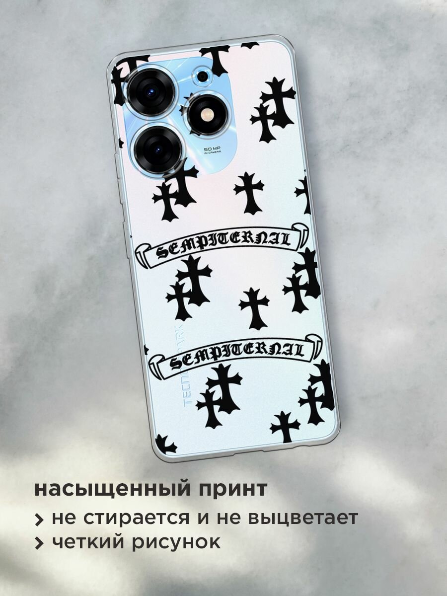 Чехол на Tecno Spark 10 Pro / Текно Спарк 10 Про с принтом "Кресты паттерн чёрный", прозрачный — фото 1