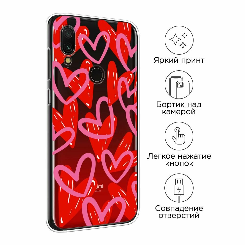 Чехол на Xiaomi Redmi 7 / Сяоми Редми 7 с принтом "Hearts doodles - 14 февраля", прозрачный — фото 1