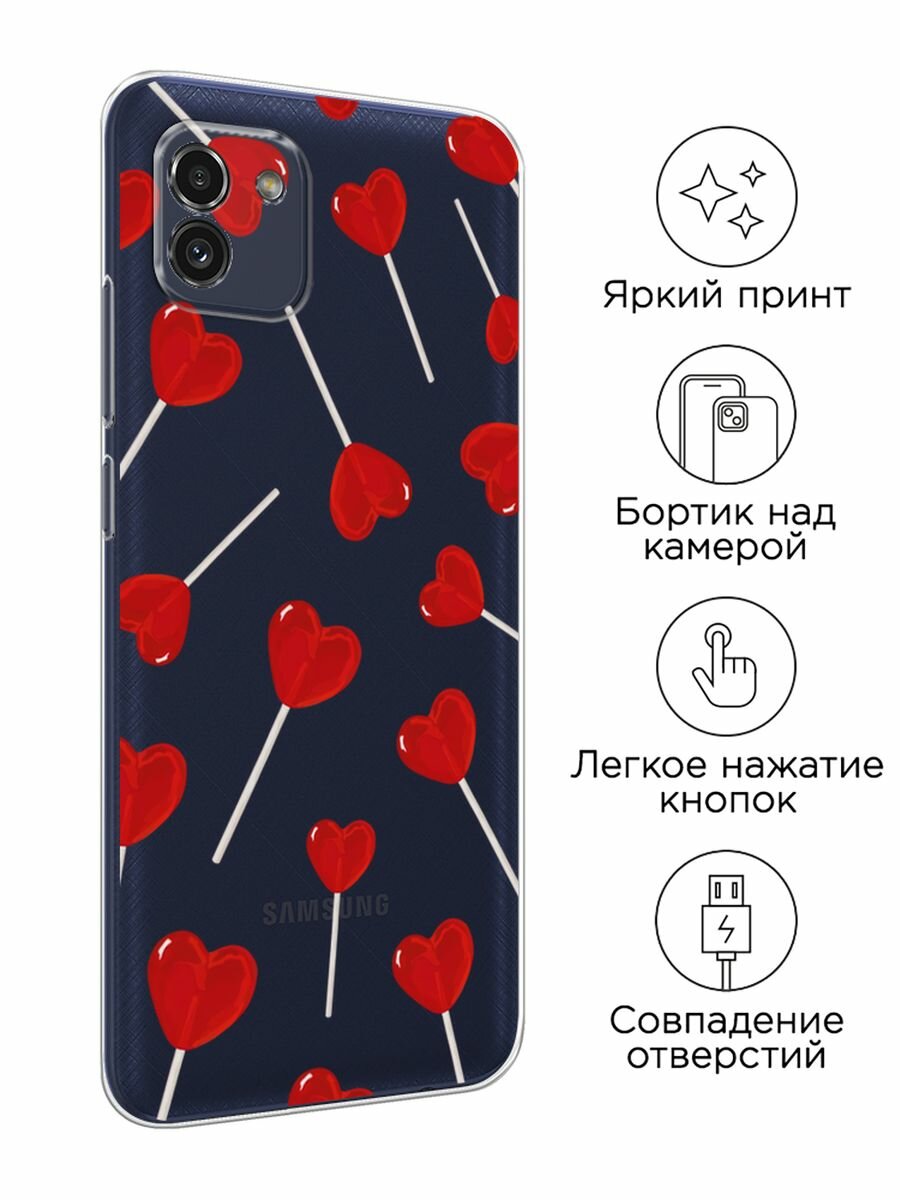 Чехол на Samsung Galaxy A03 / Самсунг Галакси А03 с принтом "Сердечки-леденцы 2 - 14 февраля", прозрачный — фото 1