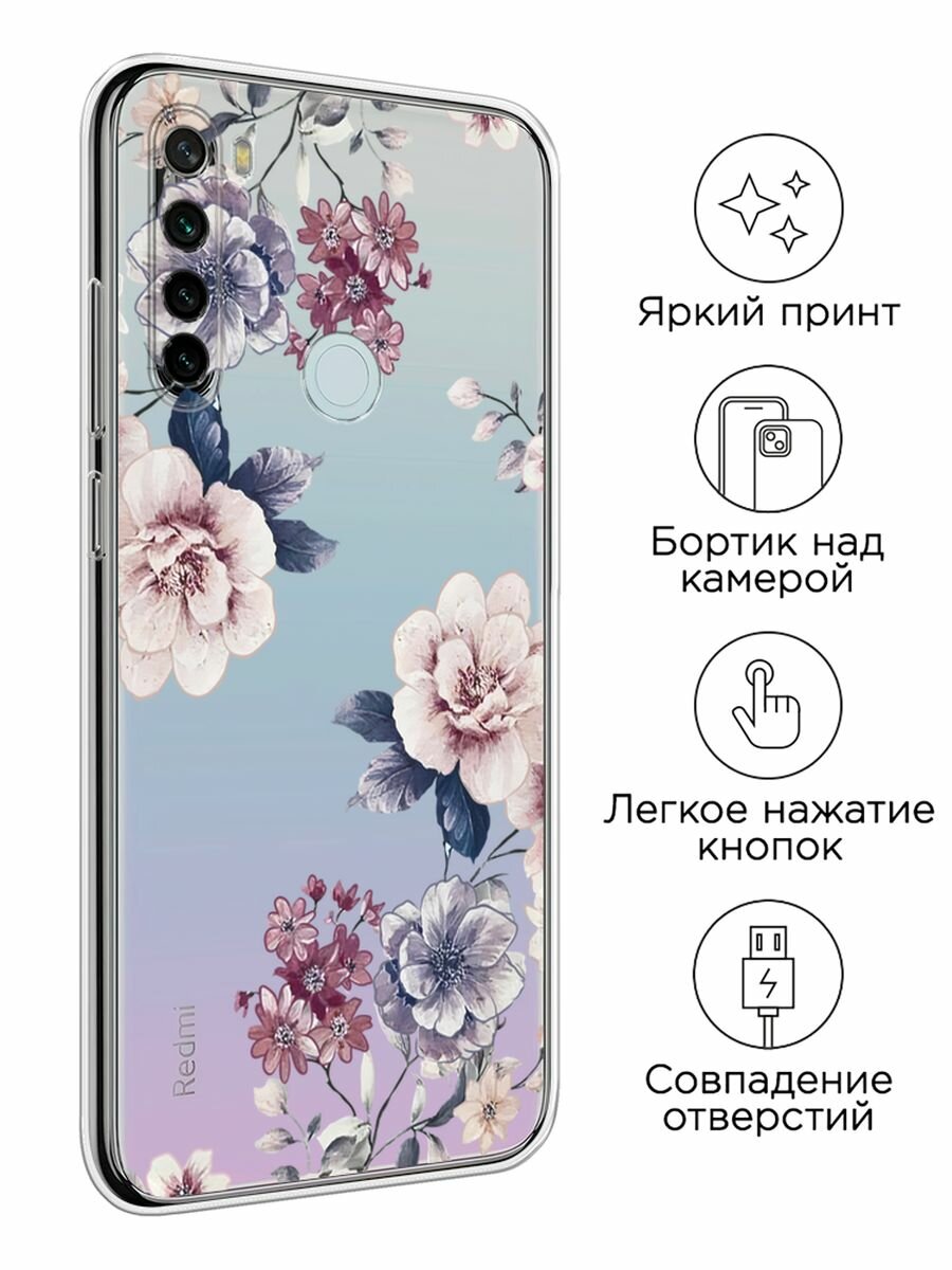 Чехол на Xiaomi Redmi Note 8T / Сяоми Редми Нот 8Т с принтом "Нежные винтажные цветы", прозрачный — фото 1