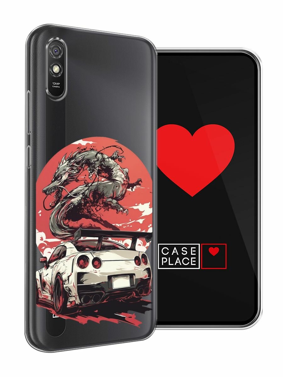 Чехол на Xiaomi Redmi 9A / Сяоми Редми 9А с принтом "Car and dragon", прозрачный — фото 1