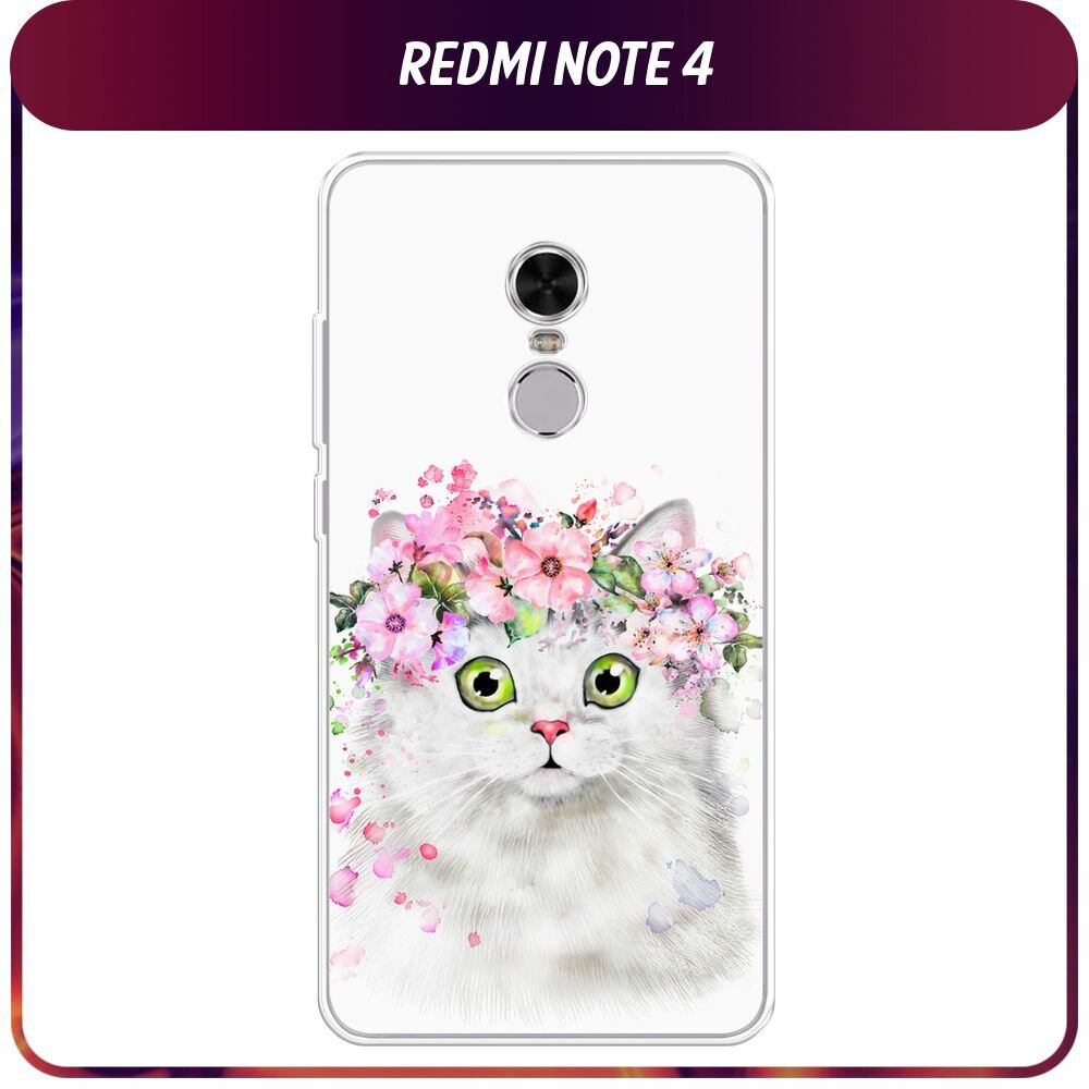 Чехол на Xiaomi Redmi Note 4 (MediaTek) / Сяоми Редми Ноут 4 (MediaTek) с принтом Белая кошка с цветами