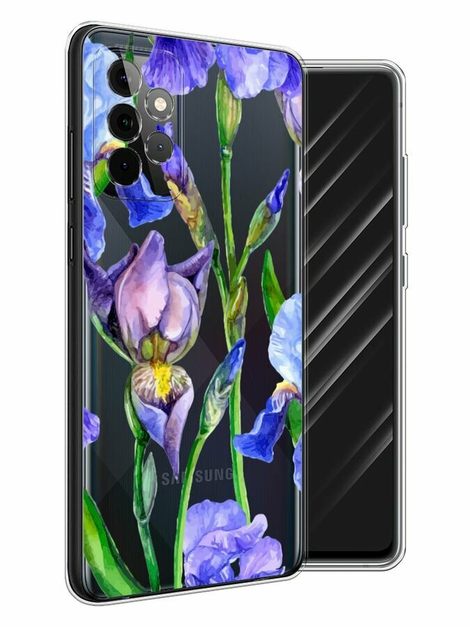 Чехол на Samsung Galaxy A72 / Самсунг Галакси А72 с принтом "Синие ирисы", прозрачный