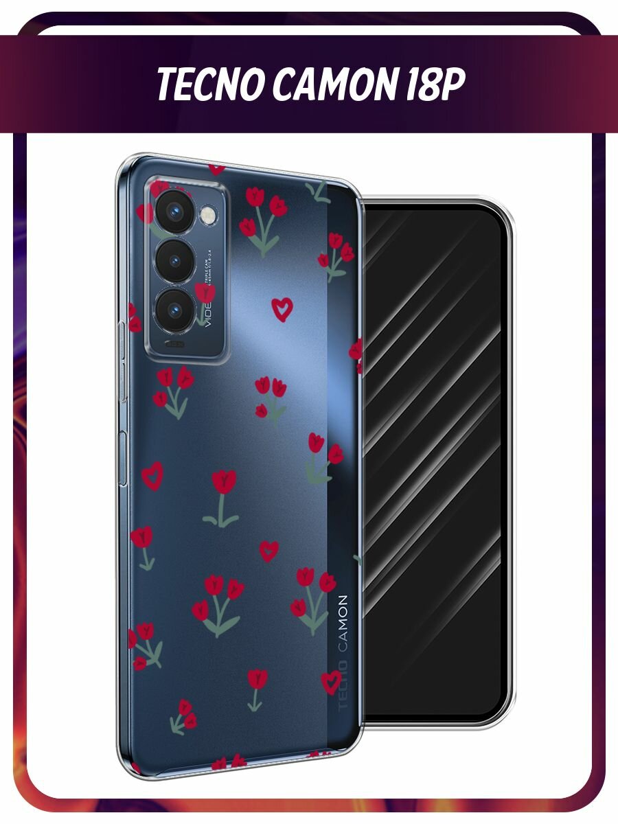 Чехол на Tecno Camon 18P / Техно Камон 18Р с принтом "Красные тюльпанчики", прозрачный