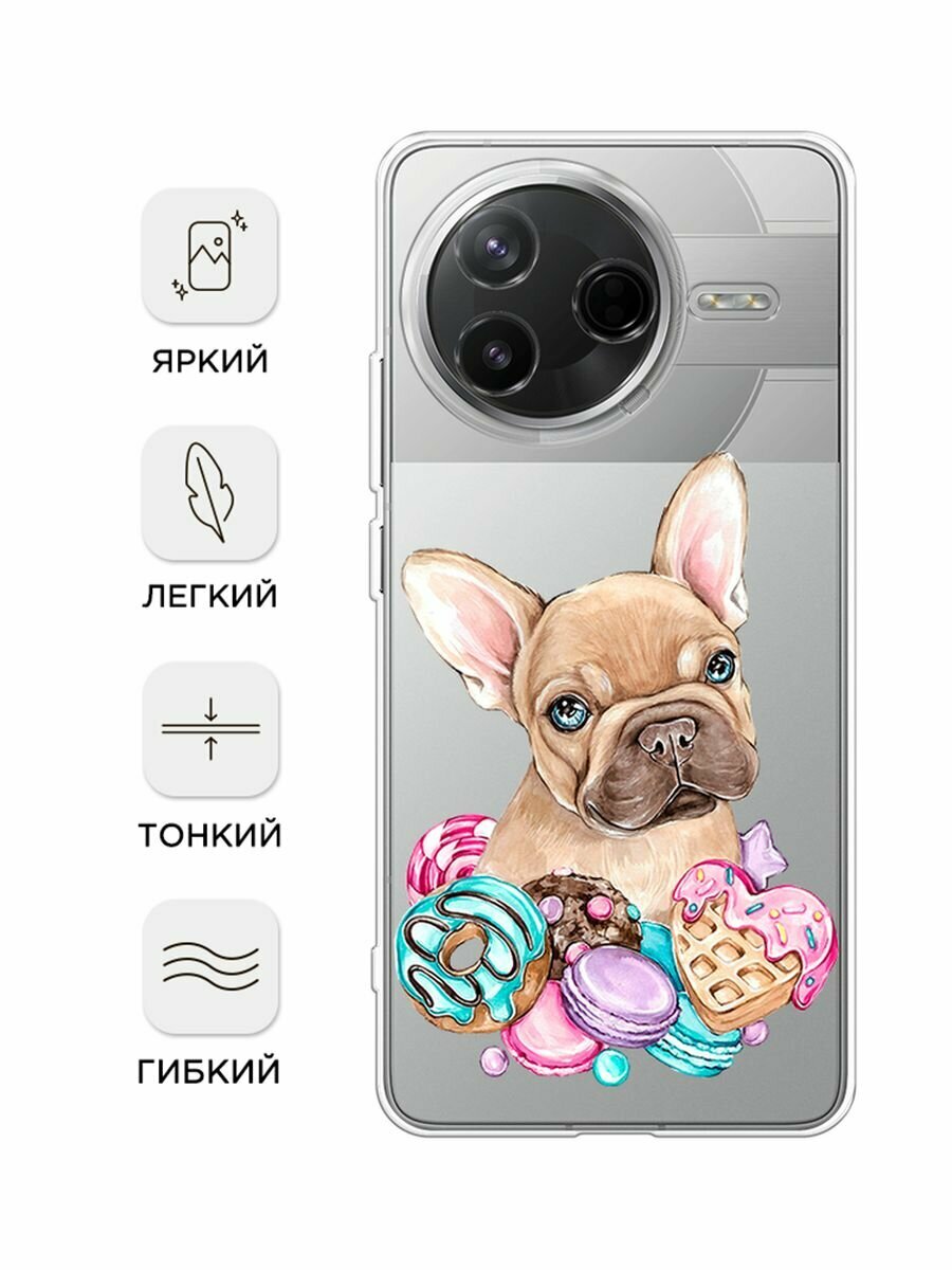Чехол на Poco F7 Pro / Поко F7 Про с принтом "Бульдог и сладости", прозрачный — фото 1