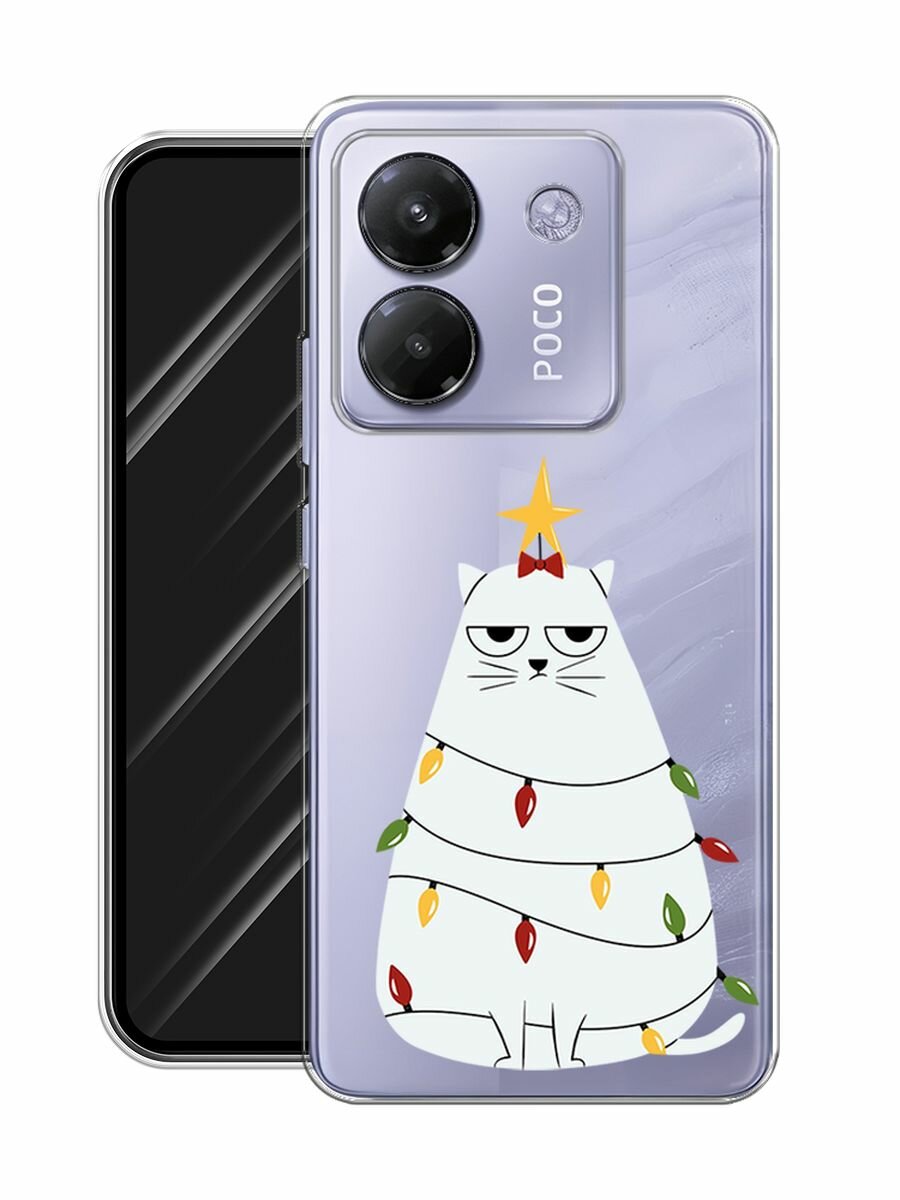 Чехол на Poco M7 Pro / Поко М7 Про с принтом Котик в гирлянде, прозрачный — фото 1