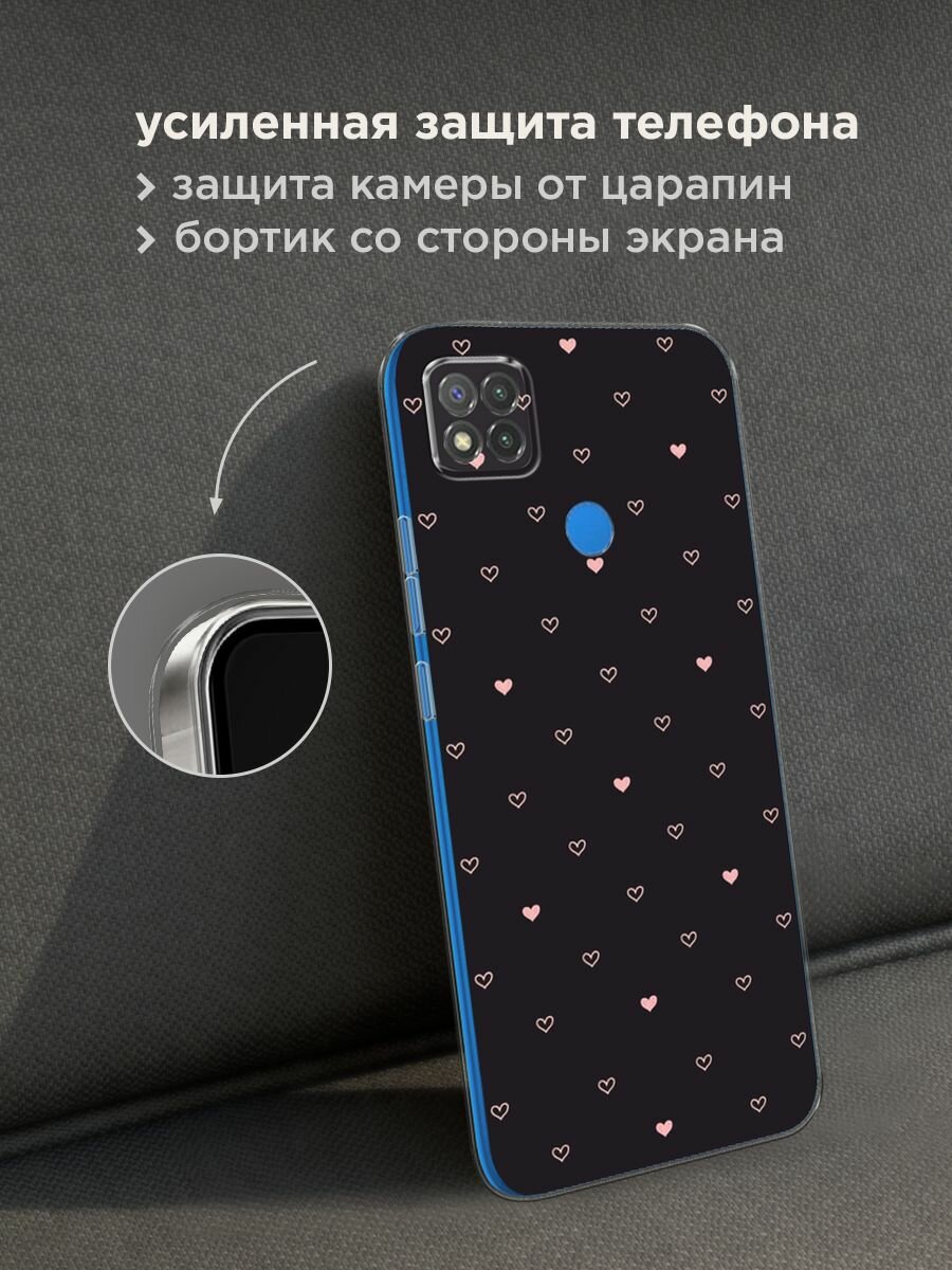 Чехол на Xiaomi Redmi 9C / Сяоми Редми 9C с принтом "Черный фон и сердечки" — фото 1